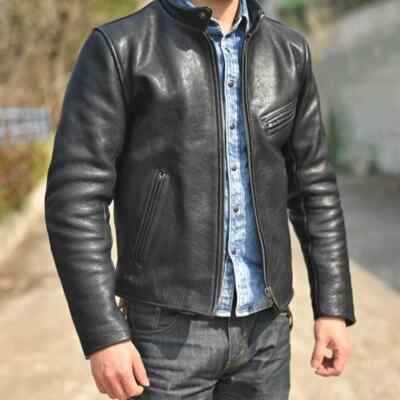 MEN'S REAL COWHIDE PREMIUM LEATHER MOTORCYCLE BIKER TOP LEATHER JACKET ...