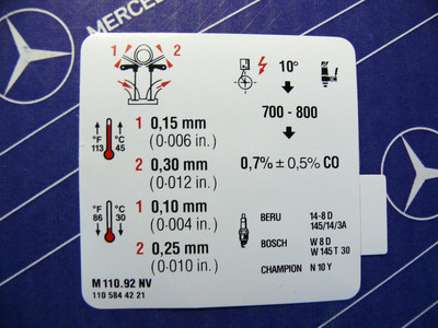Genuine Mercedes engine sticker M110.92 NV W114 W116 W123 W126 low ...