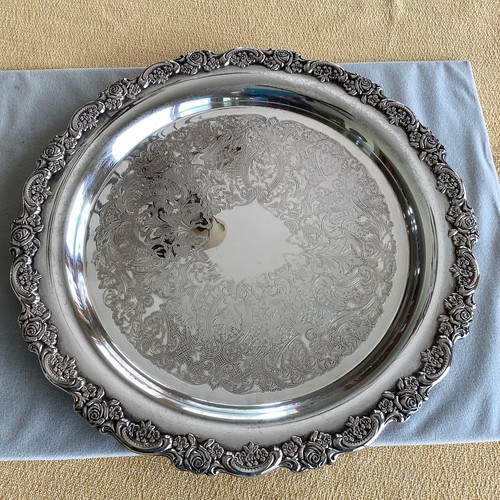 Oneida Round Embossed Floral Edge Silver Plate Tray 15" Roses Vintage ...