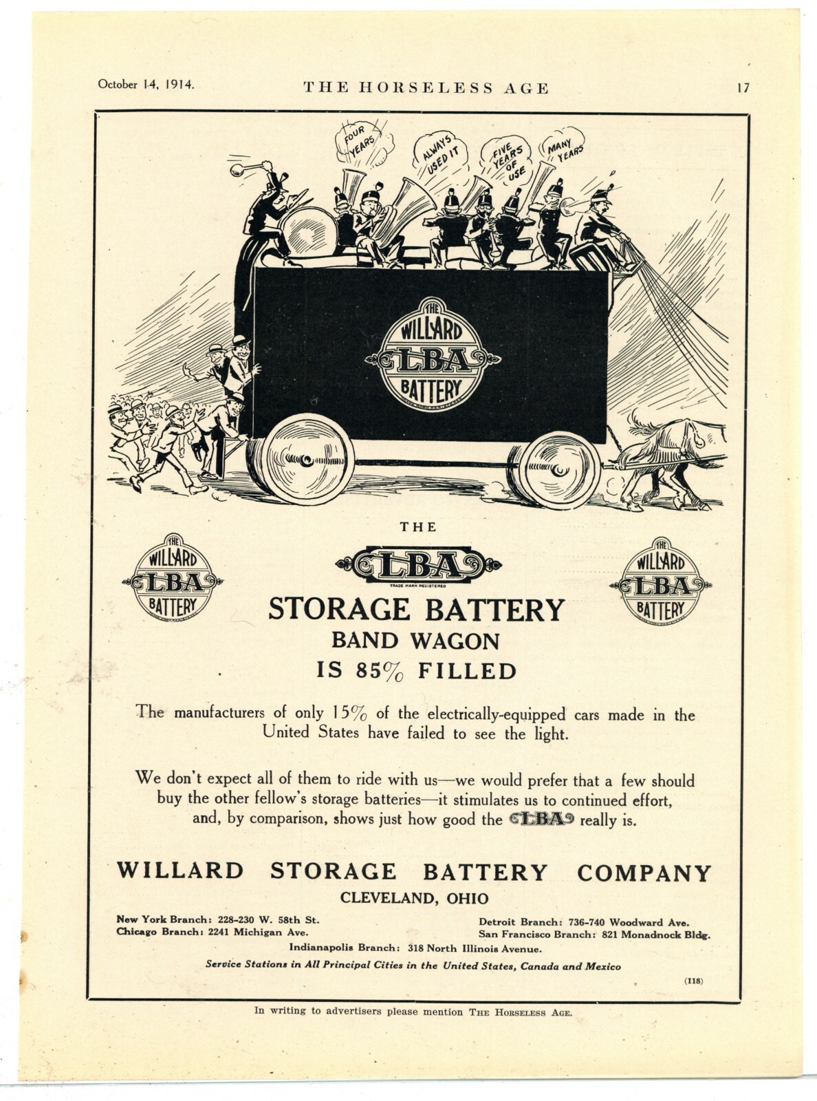 1914 WIllard Storage Batteries Ad: LBA Model - 85% of Field - Cleveland ...