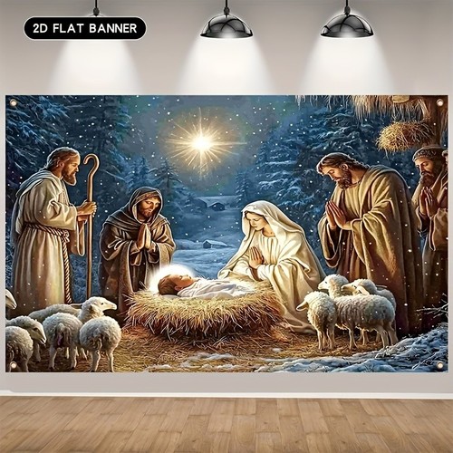2D Flat, 1pc Nativity Scene Christmas Banner - Durable Polyester 2D ...