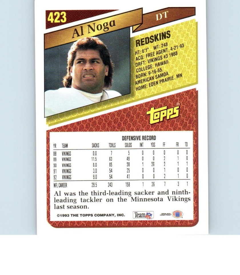 Al Noga 423 Redskins 1993 Topps NFL Football Trading Card | eBay