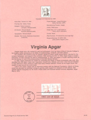 #9433 29c Virginia Apgar Stamp #2812 USPS Souvenir Page | eBay