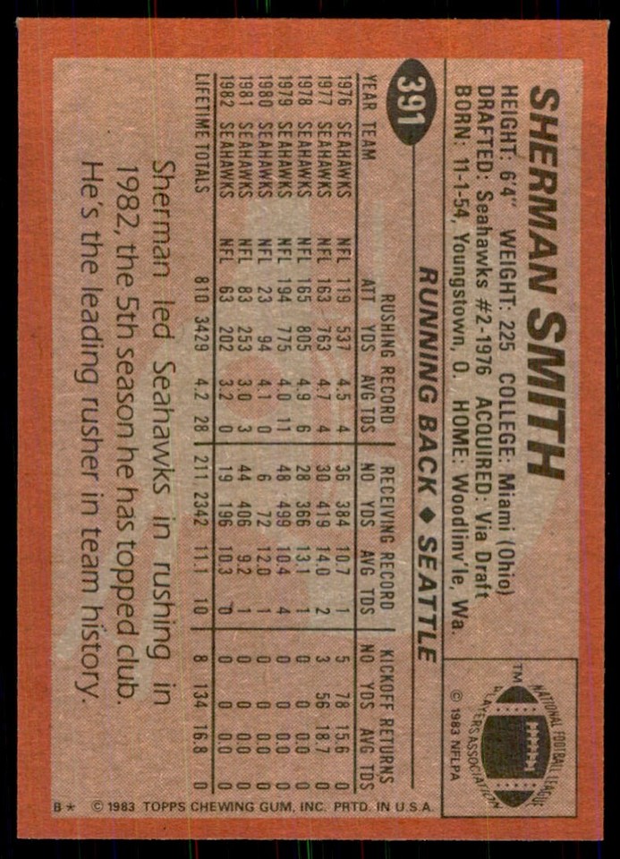 1983 TOPPS] SHERMAN SMITH SEATTLE SEAHAWKS #391 | eBay
