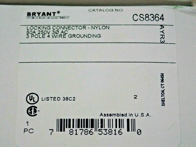 NEW Hubbell Bryant CS8364 Locking Connector 50A 250V 3P 4W | eBay