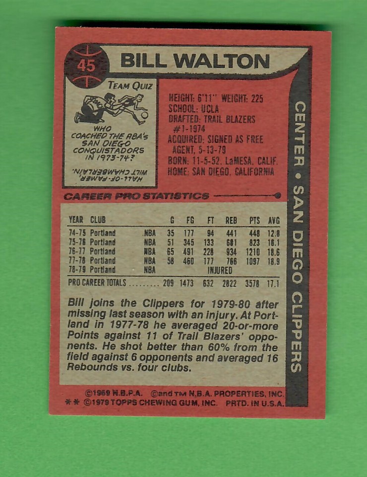 1979-80 TOPPS BASKETBALL #45 BILL WALTON - CLIPPERS - HALL OF - NM-MT ...