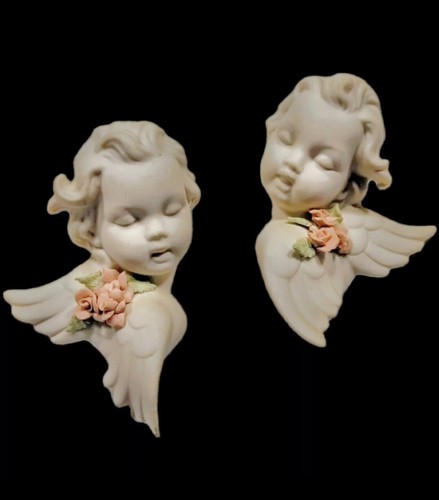 Vintage CHERUB FACES White Ceramic w/Pink & Green Flowers BOHO Fairy ...