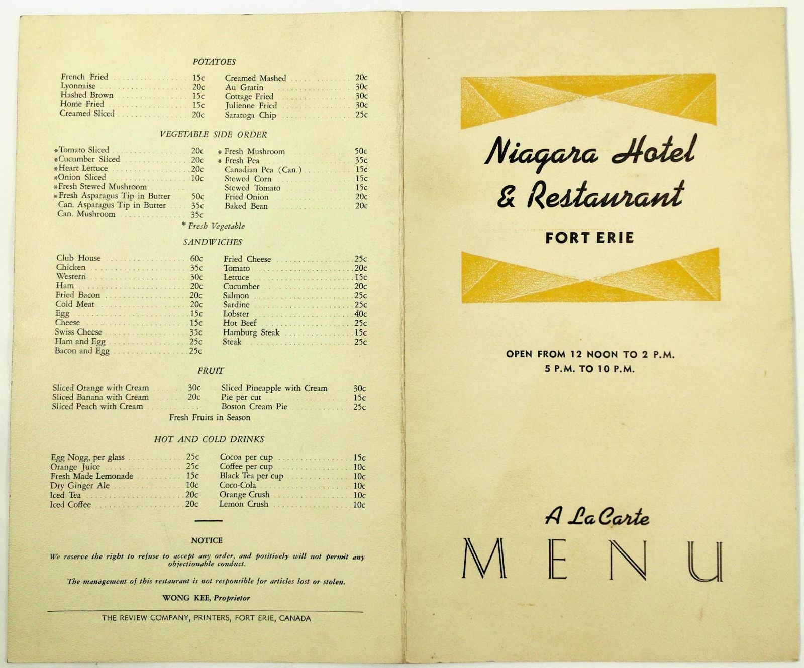 1930's Vintage Menu NIAGARA HOTEL & RESTAURANT Fort Lake Erie Ontario ...