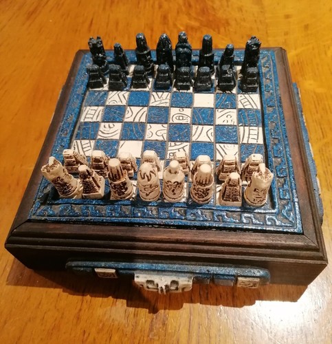 Vintage Mini Mayan Aztec Chess Set Complete Blue & White | eBay UK