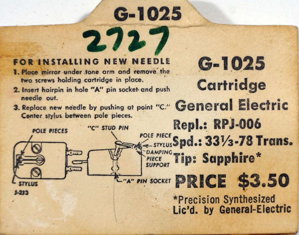 NOS Vintage Jensen G-1025 Baton Needle for General Electric RPJ-006 2 ...