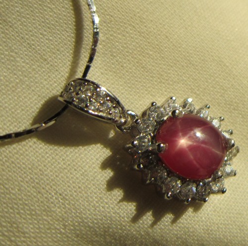 UNIQUE .925 STERLING SILVER GENUINE STAR RUBY / LC DIAMOND PENDANT ...