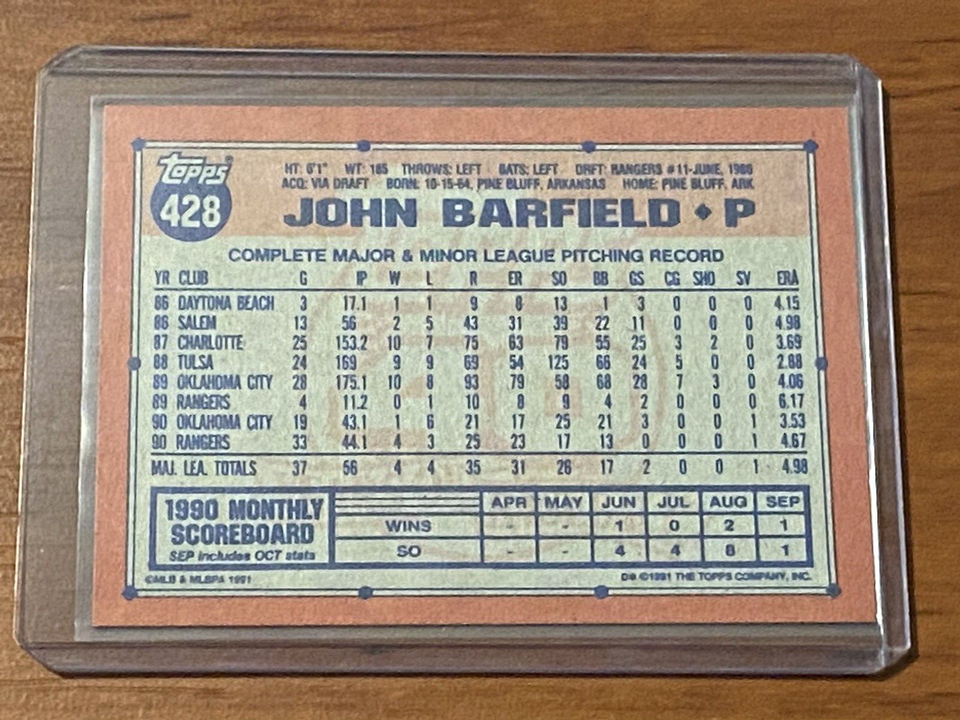 1991 Topps - #428 John Barfield (RC) Texas Rangers | eBay