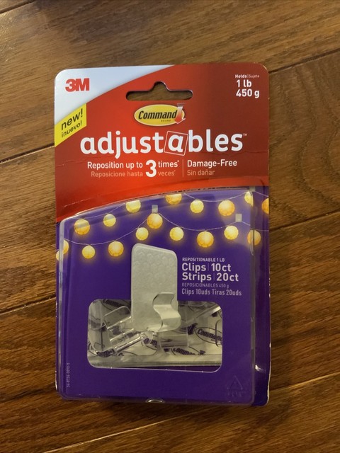 3m Command Adjustables 10 Clips & 20 Strips Repositional Holds 1lb Each ...