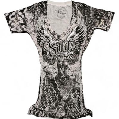 New Women's Sinful by Affliction Cross Biker White Black Tee T-Shirt ...