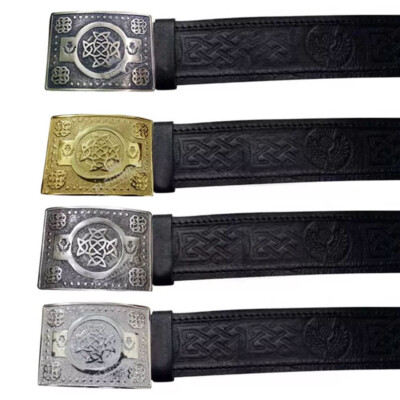 Kilt Belt Buckle Celtic Knot Thistle Embossed Real Leather Belt Black ...