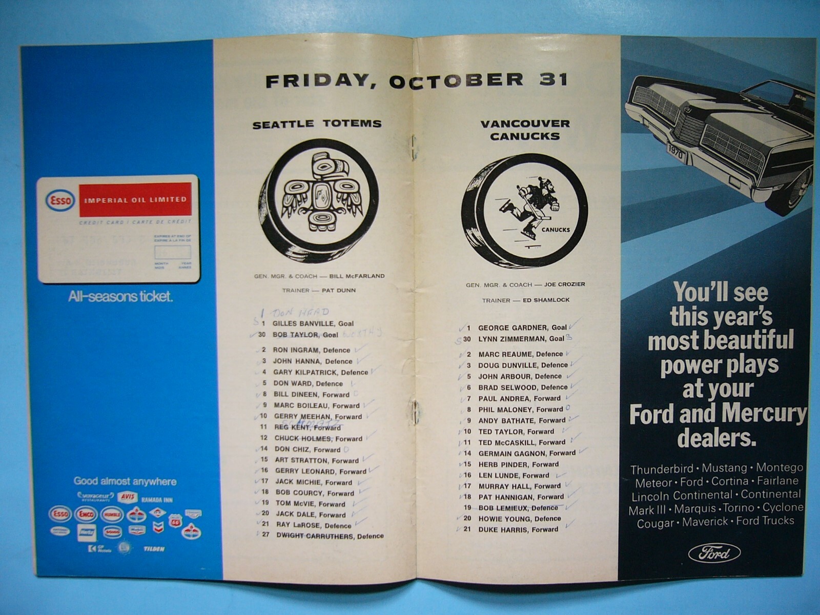 1969/70 VANCOUVER CANUCKS VS SEATTLE TOTEMS WHL HOCKEY PROGRAM TED ...
