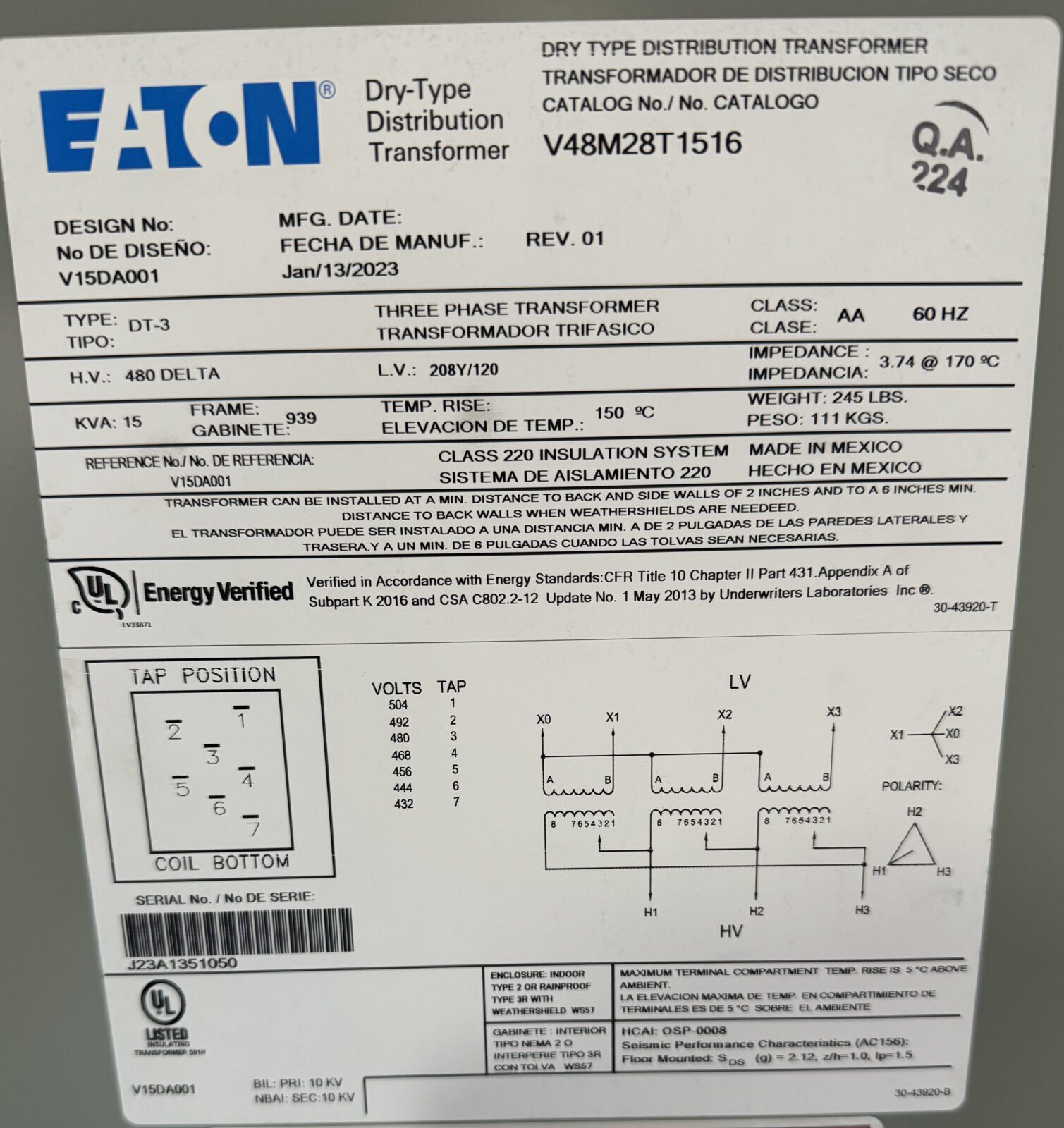 Eaton V48M28T1516 3 Phase 15KVA 480Vac Dry-Type Transformer (NIB) | eBay