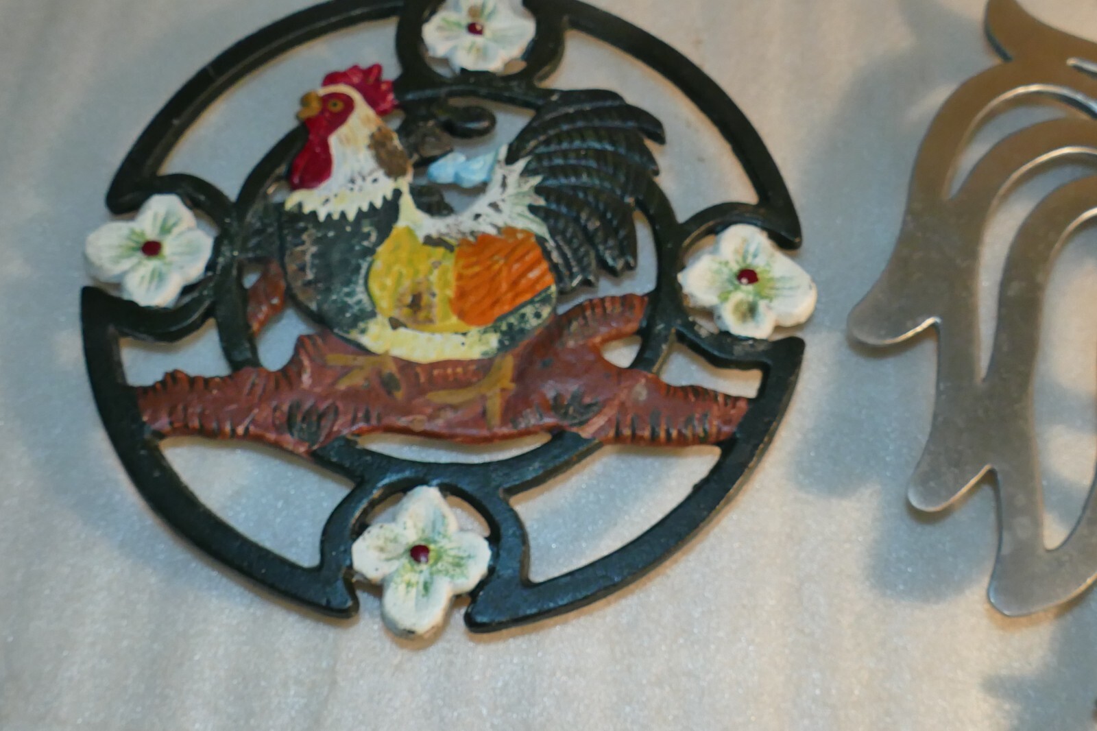 2 Rooster Chicken Trivets Vintage Cast Iron Colorful Painted And ...