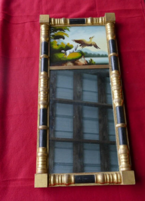 antique primitive Sheraton mirror dog & stork Hunting reverse painting ...