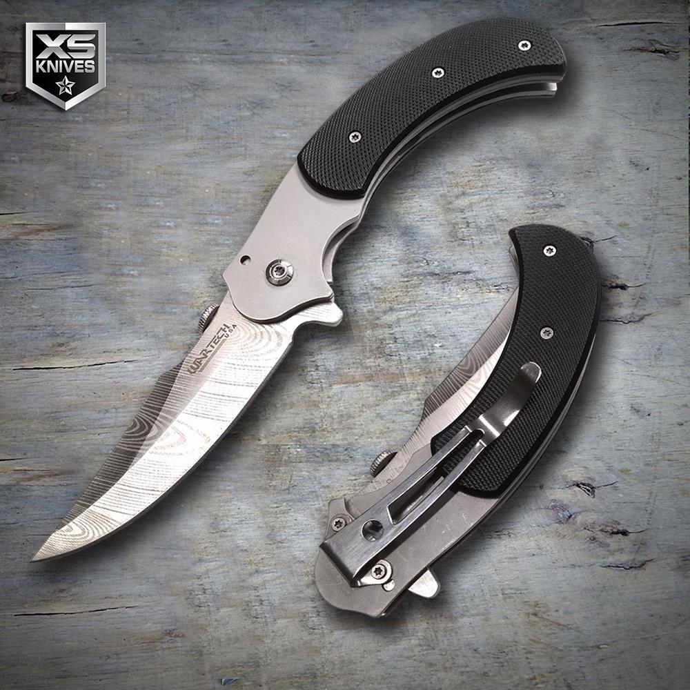 8" DAMASCUS ETCHED Spring Assisted Flip Open Tactical Folding POCKET ...