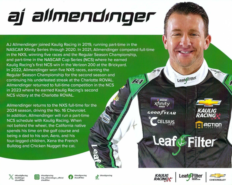 2024 AJ ALLMENDINGER "LEAF FILTER" #16 NASCAR XFINITY SERIES POSTCARD ...