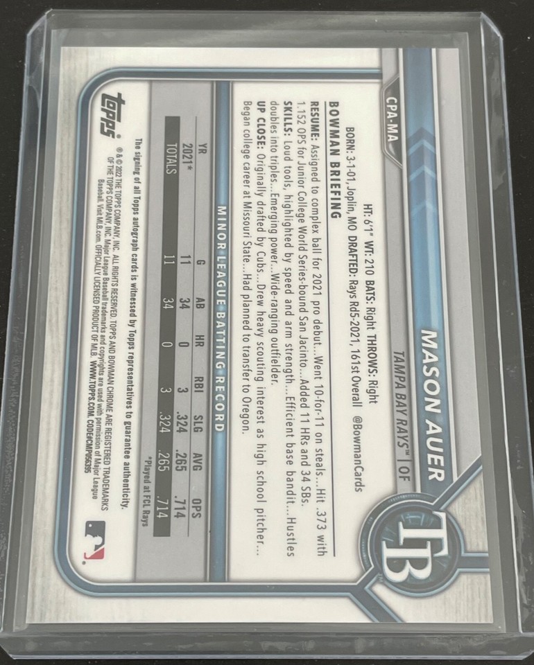 2022 Bowman Chrome Mason Auer 1st Bowman AUTO Tampa Bay Rays Prospect ...