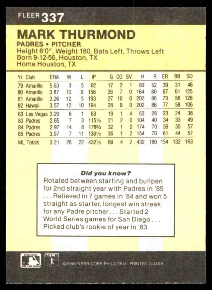 1986 Fleer Mark Thurmond San Diego Padres #337 | eBay