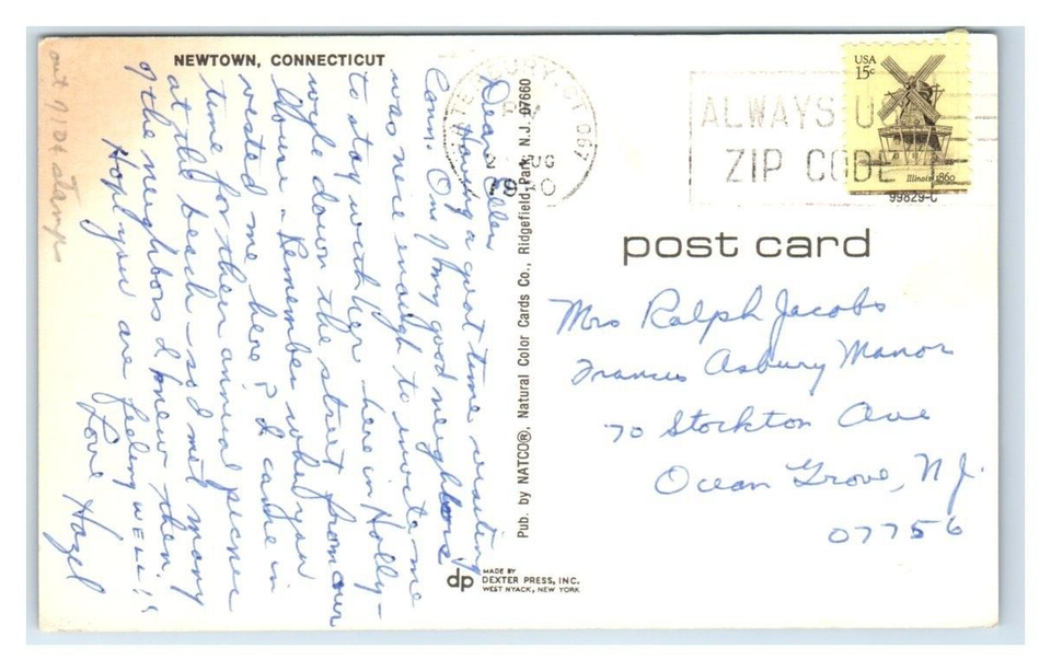 Newtown Connecticut View Churches US Flag Vintage Postcard Posted 1980 ...