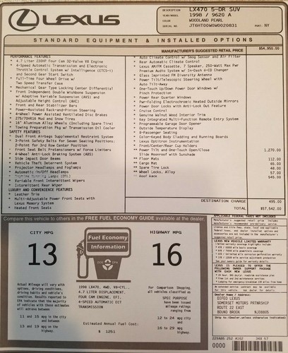 LEXUS ORIGINAL MSRP WINDOW STICKERS (1998-1999-2006-2011) | eBay