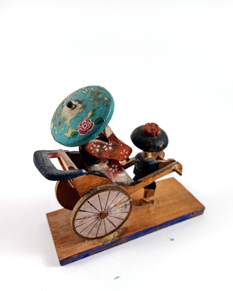 Occup. Japan Wood Figurine Asian Man Pulling Rickshaw with Geisha 3 ...