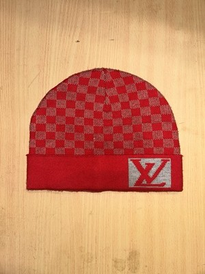 Louis Vuitton Checkerboard Beanie Red Gray Knit Hat Lightly Used In ...