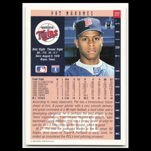 Pat Mahomes Rookie #337 1993 Score Minnesota Twins Baseball Card MLB NM ...