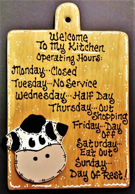 COW Kitchen Operating Hours SIGN Plaque Wood Wall Art Hanger Barnyard ...