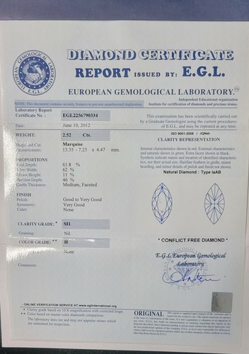 EGL Certificate 2.52ct Marquise Shape Excellent Cut Diamond H Color SI1 ...