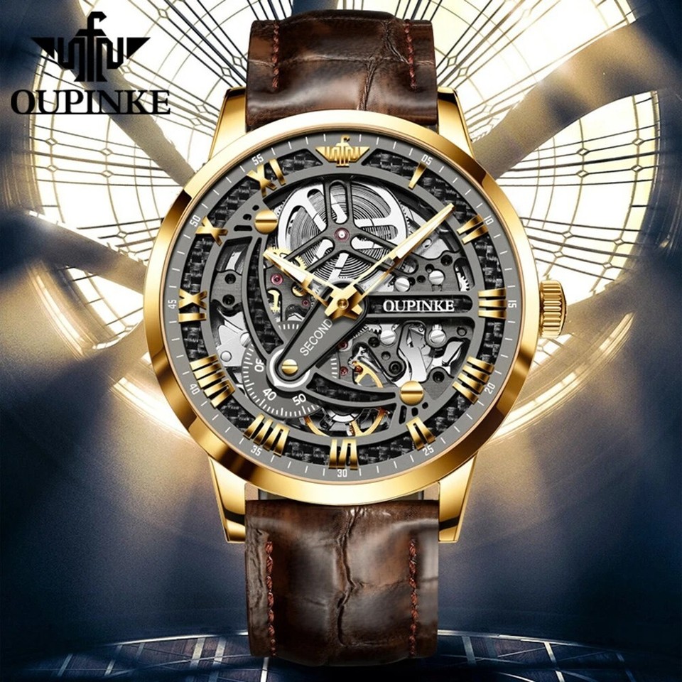 Automatic Waterproof Mechanical Watch Men's Leather Luxury Skeleton Men ...