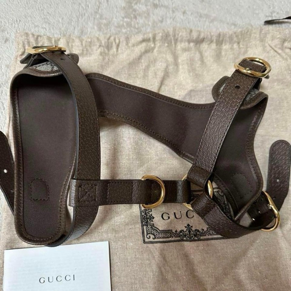 Gucci Dog Harness GG Pattern Beige Canvas Leather Luxury Pet Accessory ...