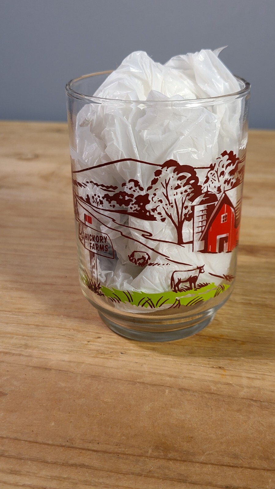 Vintage Hickory Farms Red Barn Scene Drinking Juice Glass Cows Chickens ...