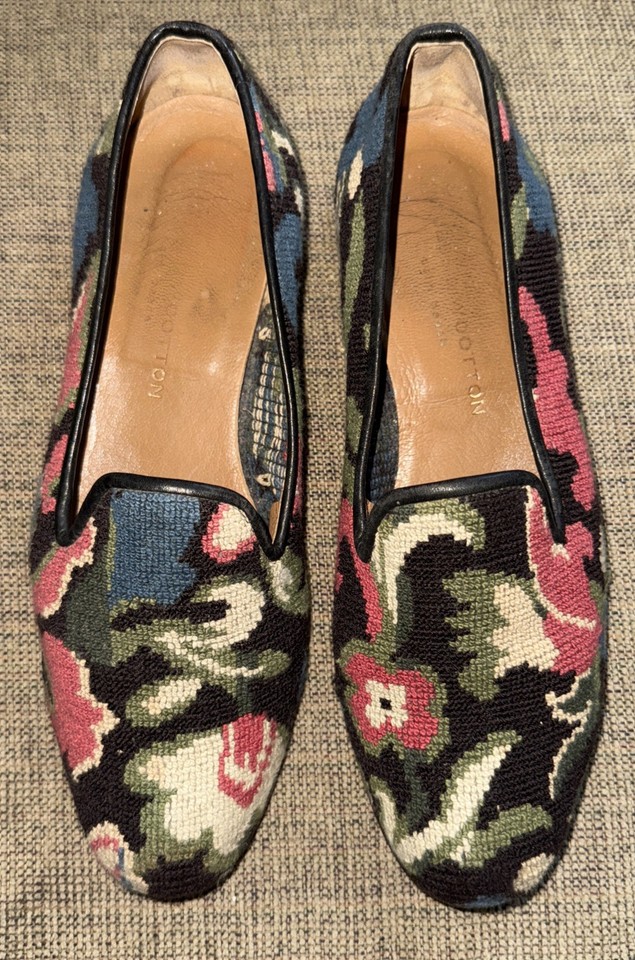 Stubbs & Wootton Floral Black Print Slipper Shoes Needlepoint Tapestry ...