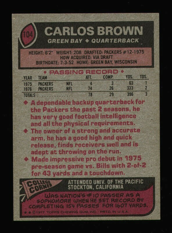 1977 TOPPS 104 CARLOS BROWN DOUBLE AUTOGRAPHED SIGNED ALAN AUTRY 25/25 ...