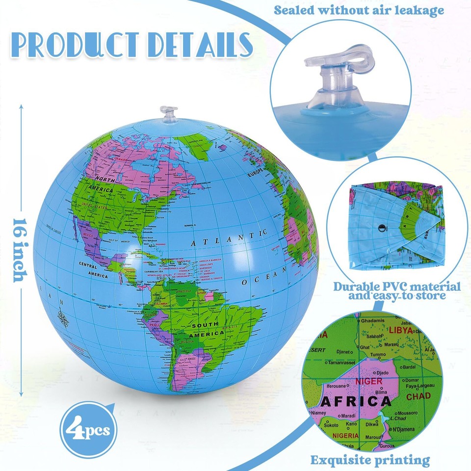 4 Pcs 16 Inch Inflatable Globe,Blow up World Globe Beach Ball ...