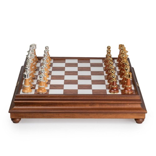 Luxury Gold & Silver Chess Set Marble-Wood Board w/ Drawer Italfama ...