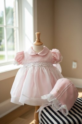 NWT Will'beth Pink Sheer Overlay Smocked 2p Dress 9 Months Bonnet Baby ...
