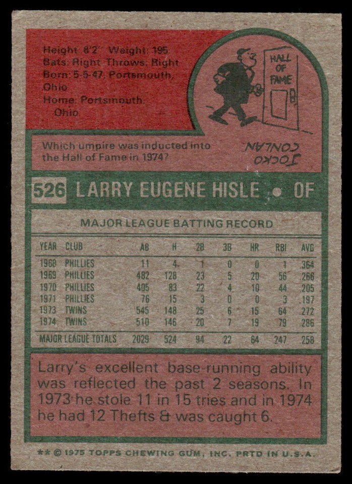 1975 Topps Larry Hisle #526 Minnesota Twins Baseball Card | eBay