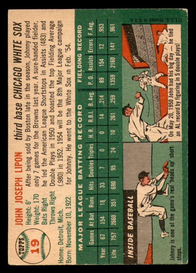 1954 Topps #19 Johnny Lipon Very Good Orioles ID:297002 | eBay