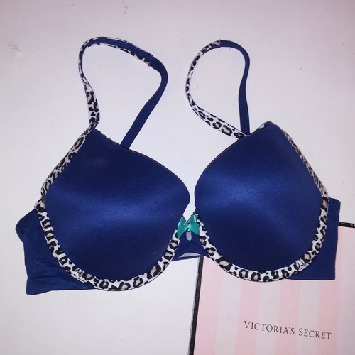 Victoria Secret Bra 32D Perfect Shape Navy Blue Leopard Trim Underwire ...