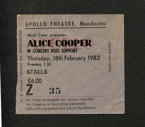 Alice Cooper 1982 Concert Ticket Stub Apollo Manchester School's Out | eBay