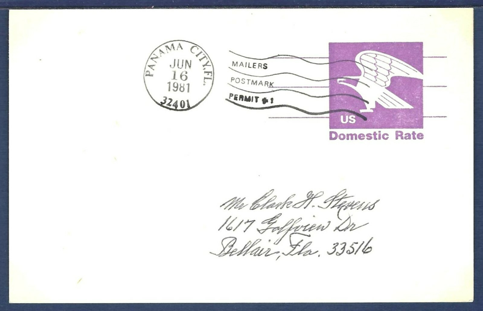 US Postal Card UX88 Eagle Domestic Mailer's Postmark Permit #1 PANAMA ...