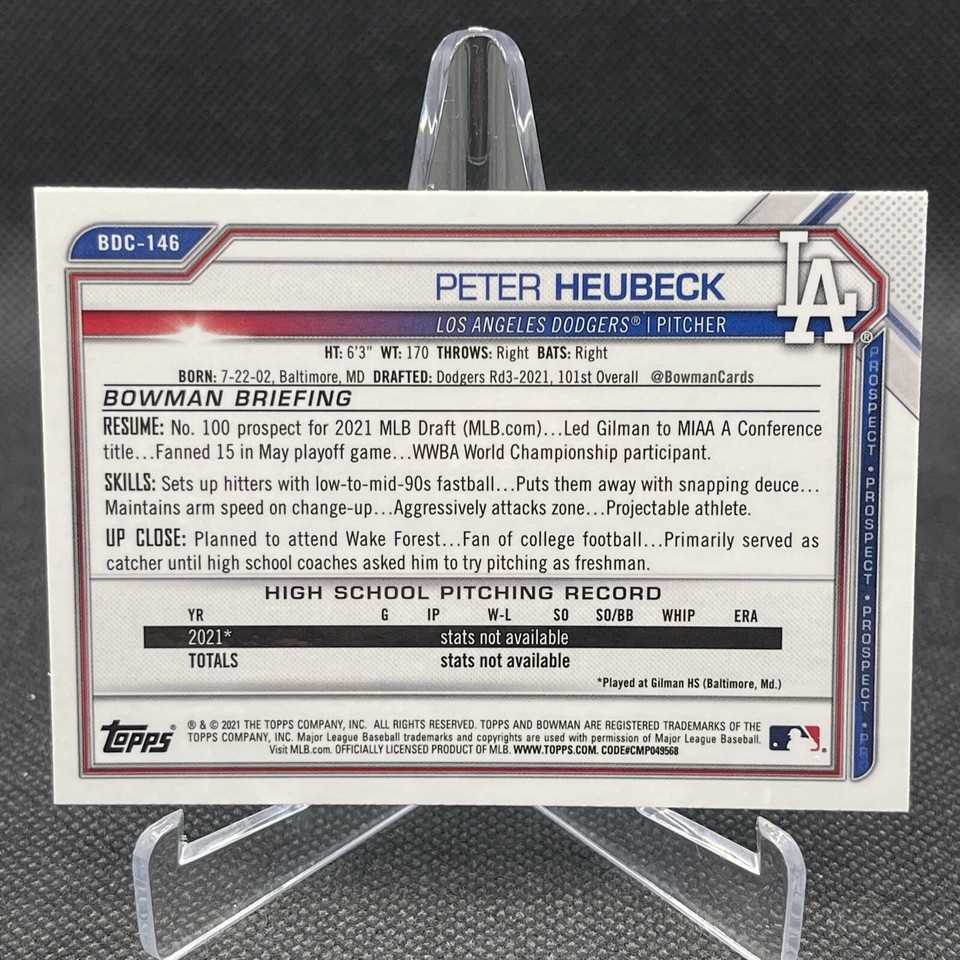 Peter Heubeck 2021 1st Bowman Draft Chrome #BDC-146 Los Angeles Dodgers ...