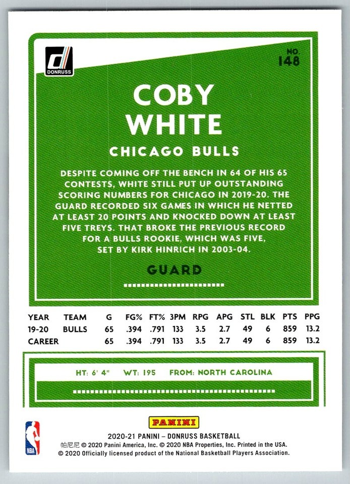 2020-21 Panini Donruss Basketball Card #148 Coby White #148 Chicago ...