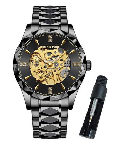 Mens Gold Skeleton Watches Automatic Mechanical Self Winding Stainless ...